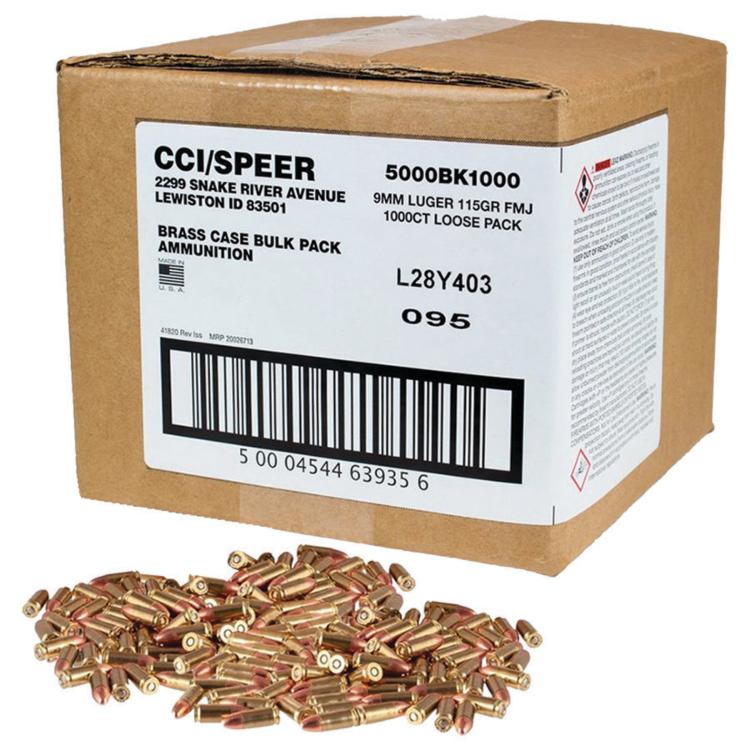 CCI Blazer Brass Handgun Ammo - FMJ 115 gr - Bulk Pack of 1000 rds