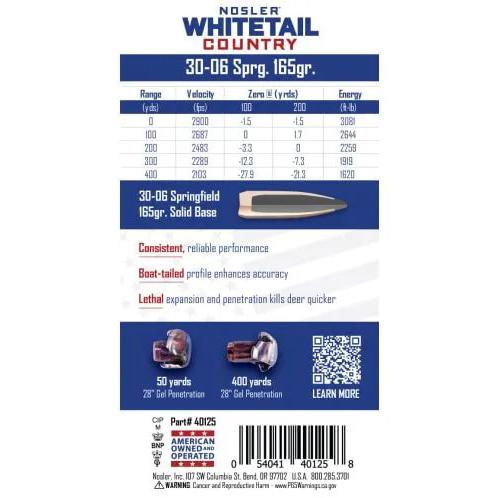 Nosler Whitetail Country Rifle Ammunition .30-06 Sprg 165gr SP 2900 fps ...
